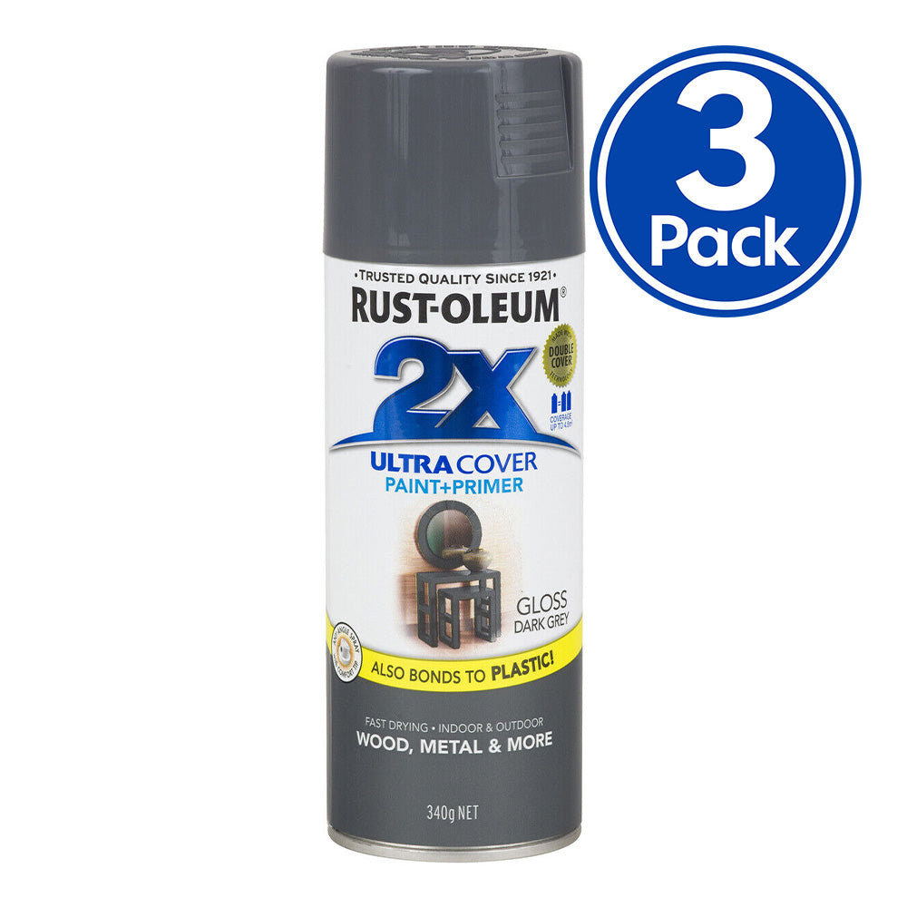 RUST-OLEUM 2X Gloss Paint & Primer Spray Paint 340g Dark Grey x 3 Pack ...