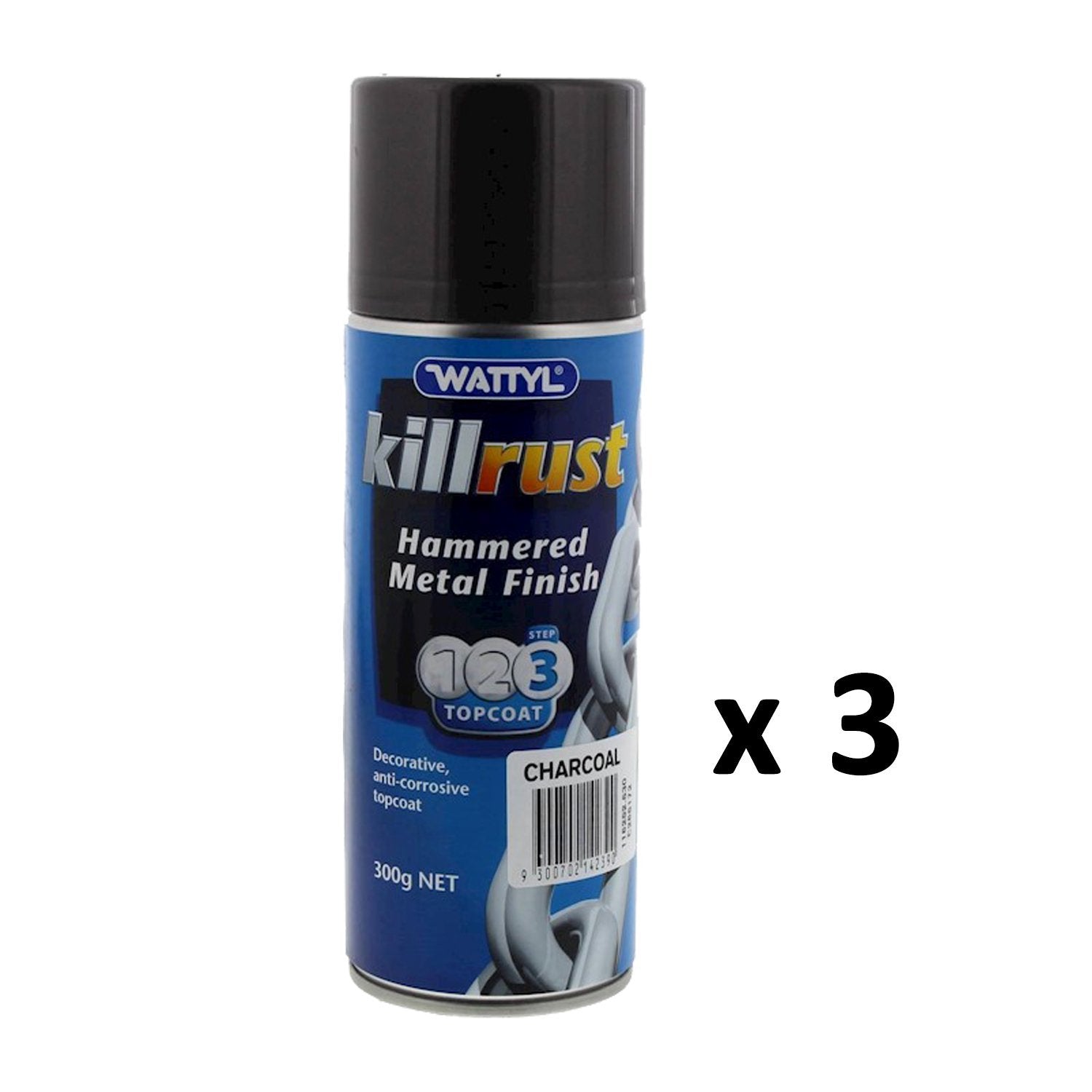 WATTYL Killrust Hammered Finish Spray Paint 300g Aerosol Charcoal x 3 ...